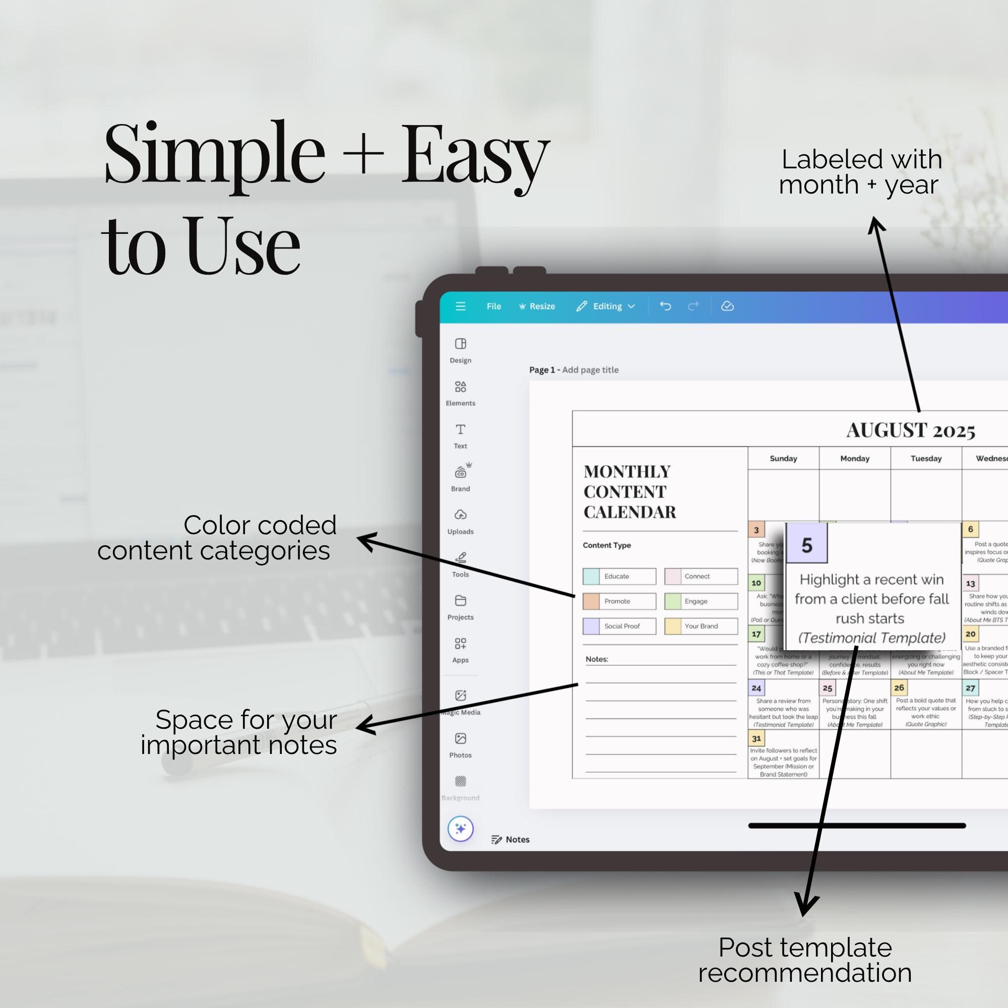 Digital Content Calendar Template Design Business Planner Social Media ...