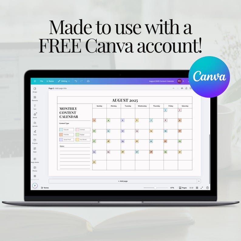Digital Content Calendar Template Design Business Planner Social Media ...