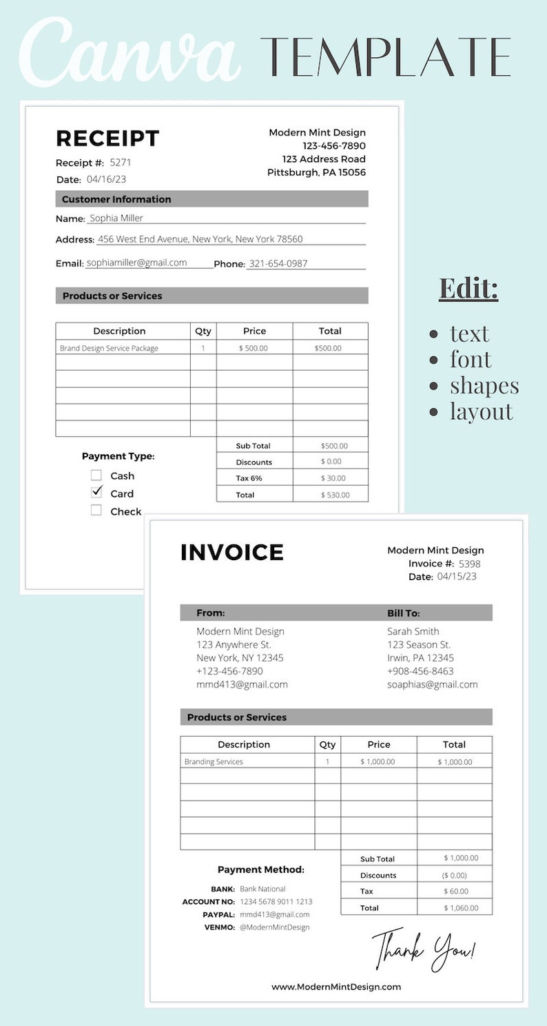 Editable Canva Template Bundle Invoice And Receipt Custom Etsy