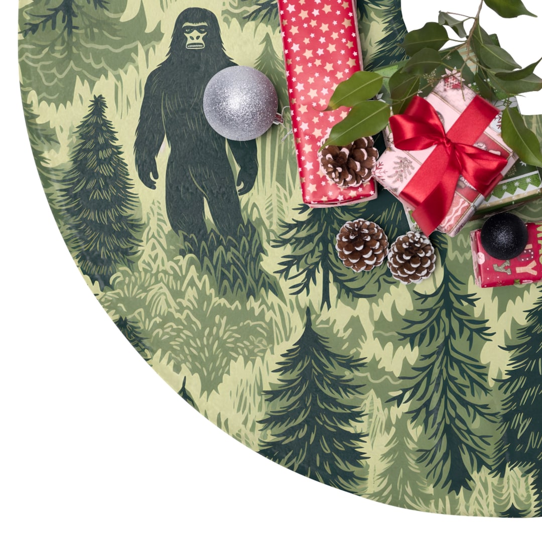 Sasquatch Bigfoot Christmas Tree Skirt in Green Evergreen Forest ...