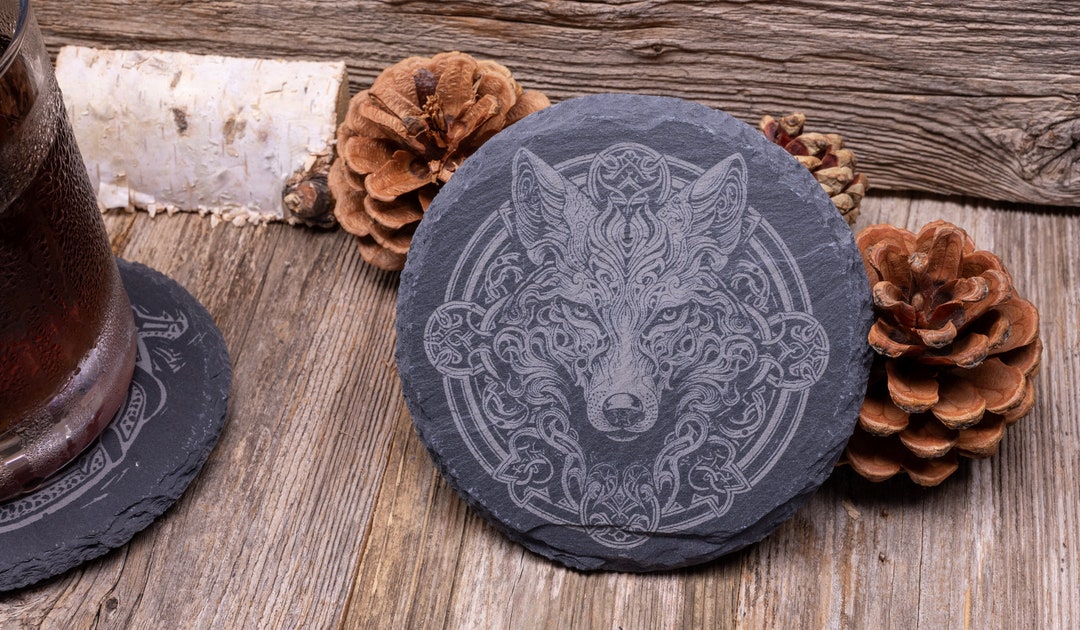 Set of 4-mystic Norse Wolf Head Coasters: Laser-engraved Slate Table ...