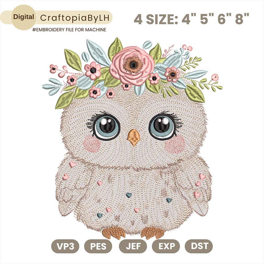 Floral Owl Embroidery Design, White Owl With Rose Crown Embroidery File ...