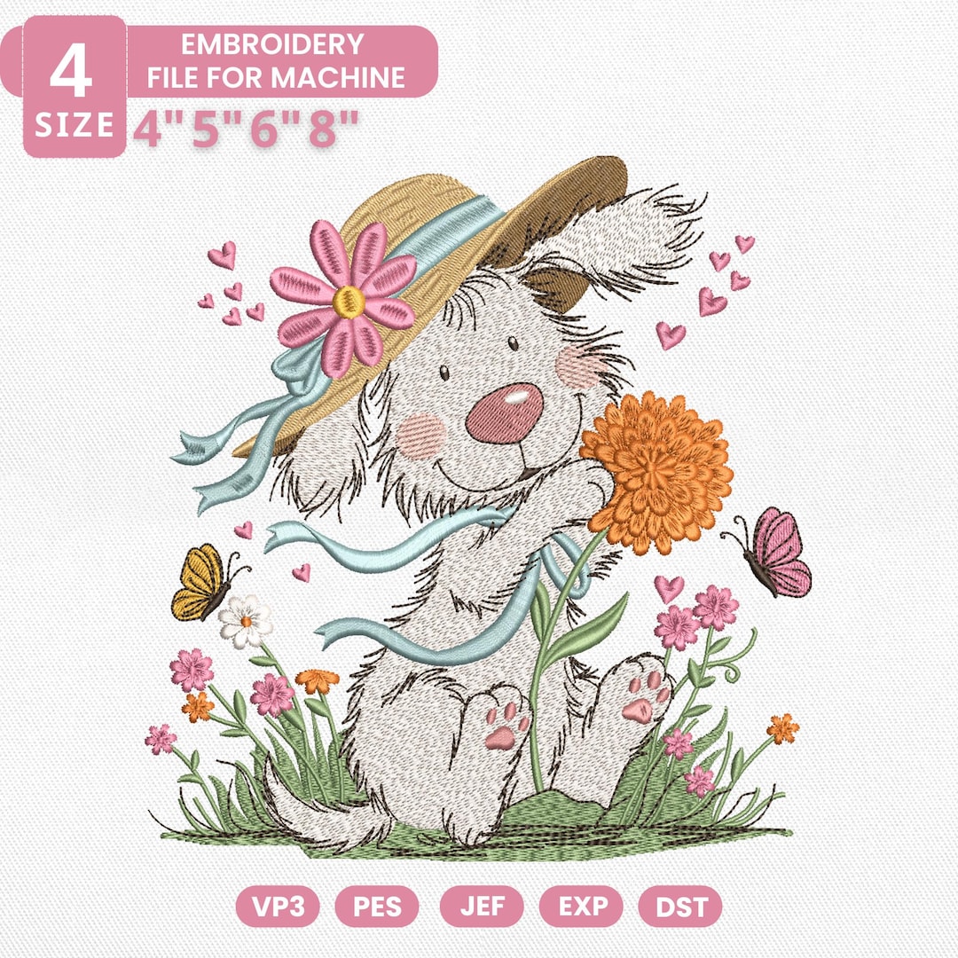 Floral Puppy Embroidery Design | Cute Dog Straw Hat Pes Dst Jef Vp3 ...