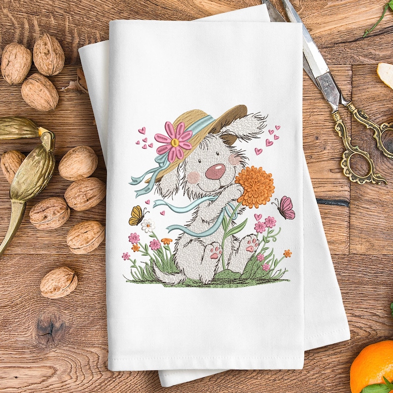 Floral Puppy Embroidery Design | Cute Dog Straw Hat Pes Dst Jef Vp3 ...