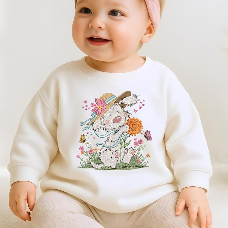Floral Puppy Embroidery Design | Cute Dog Straw Hat Pes Dst Jef Vp3 ...