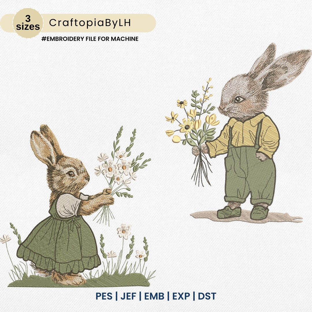 Easter Flower Bunny Couple Embroidery Designs, Bunny Couple With ...