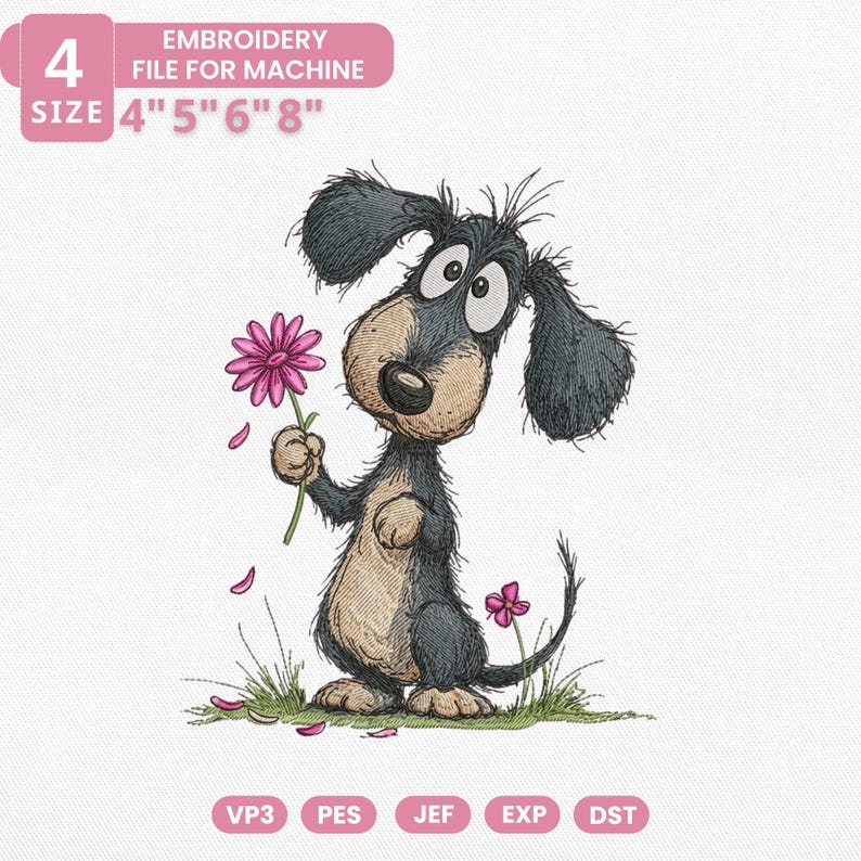 Whimsical Sausage Dog Embroidery, Spring Dachshund With Flowers ...