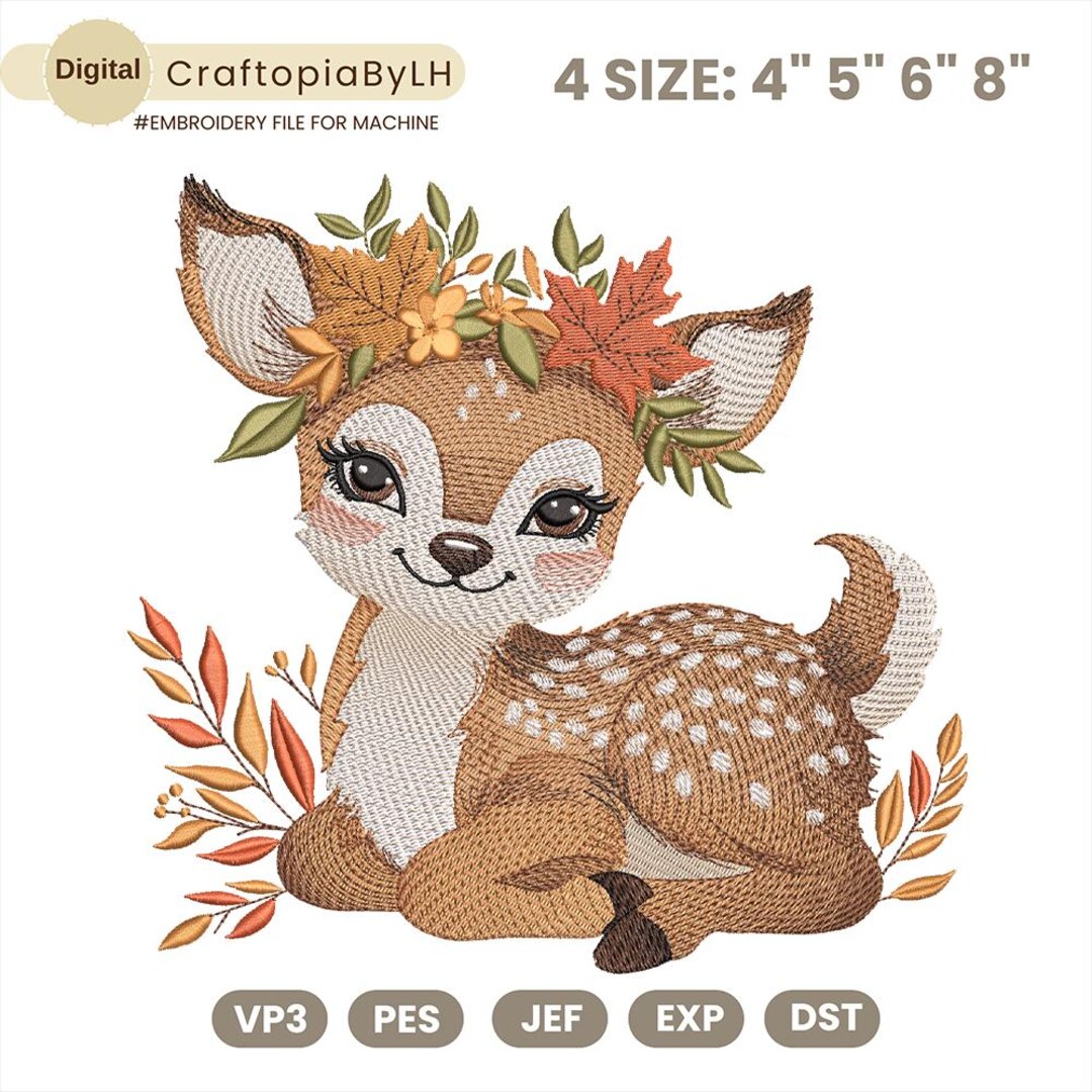 Autumn Fawn Embroidery Design, Baby Deer With Floral Crown Machine File ...