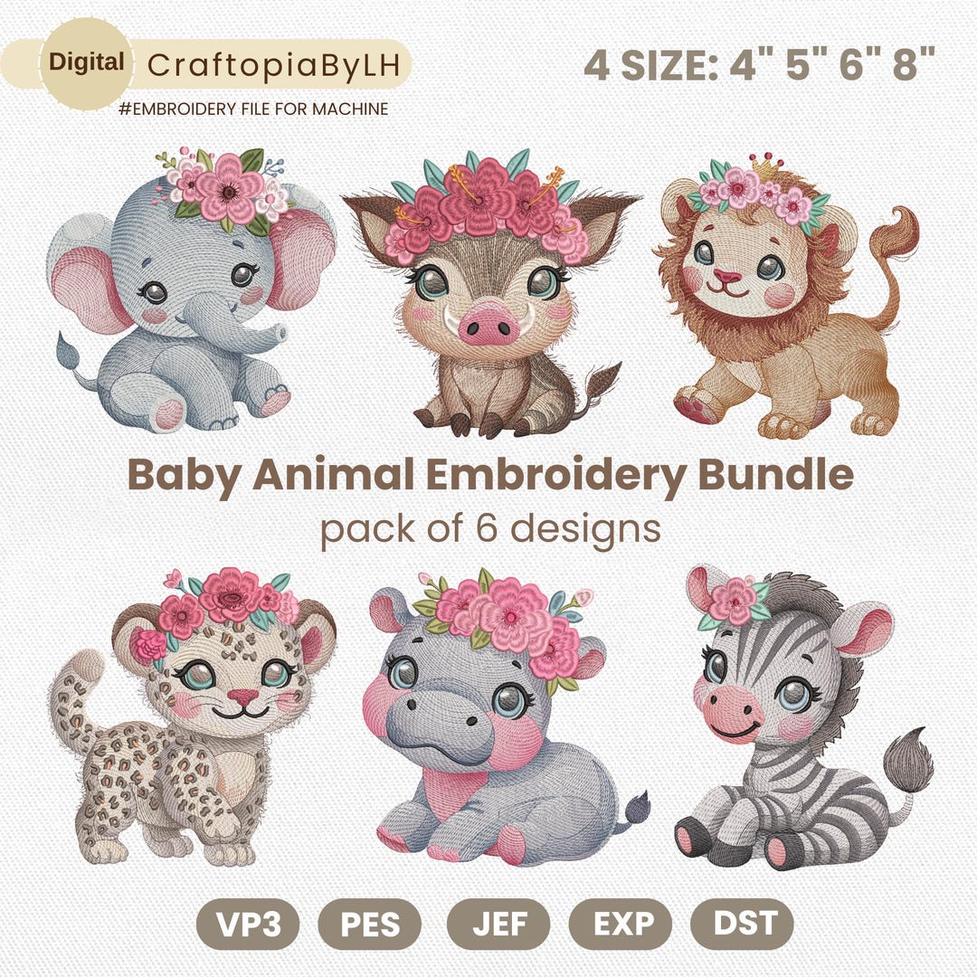 Baby Animal Embroidery Bundle, Safari Animal File for Machine ...
