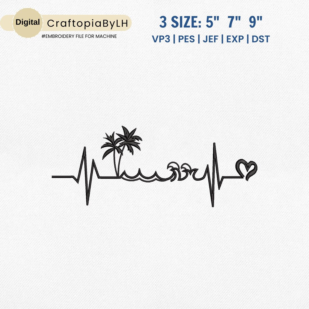 Beach Heartbeat Embroidery Design, Love Heart Machine Embroidery File ...