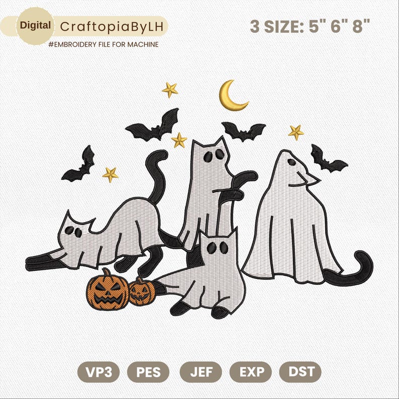 Halloween Ghost Cat Embroidery Design, Ghost and Black Cat Halloween ...