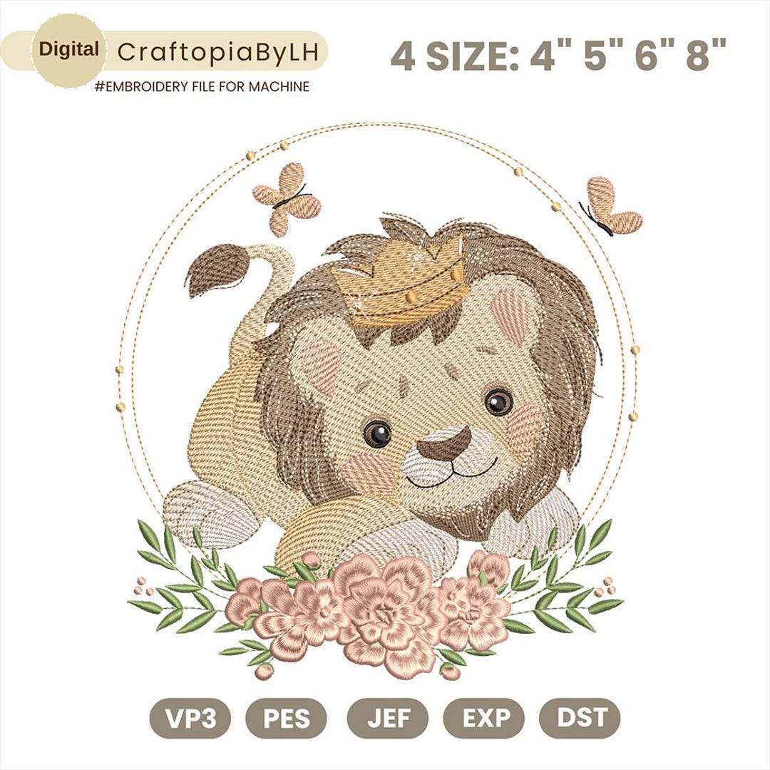 Lion Cub Embroidery Design, Baby Lion Wearing Crown Embroidery File ...