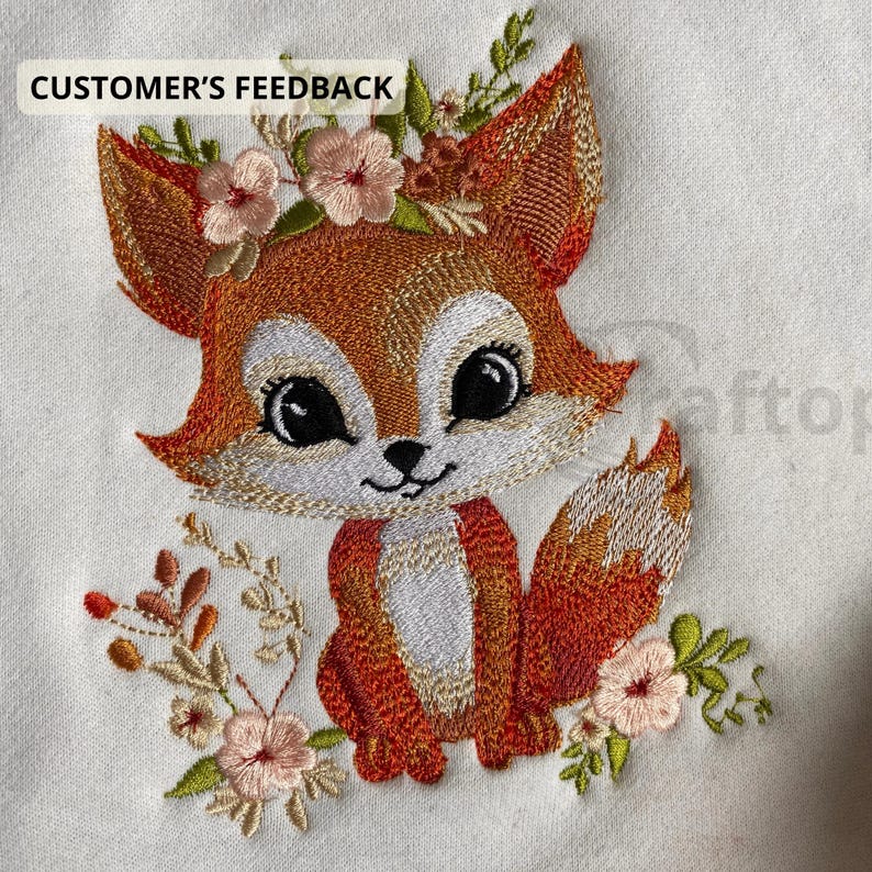 Floral Fox Embroidery Design, Red Fox Embroidery File, Cute Fox Cub ...