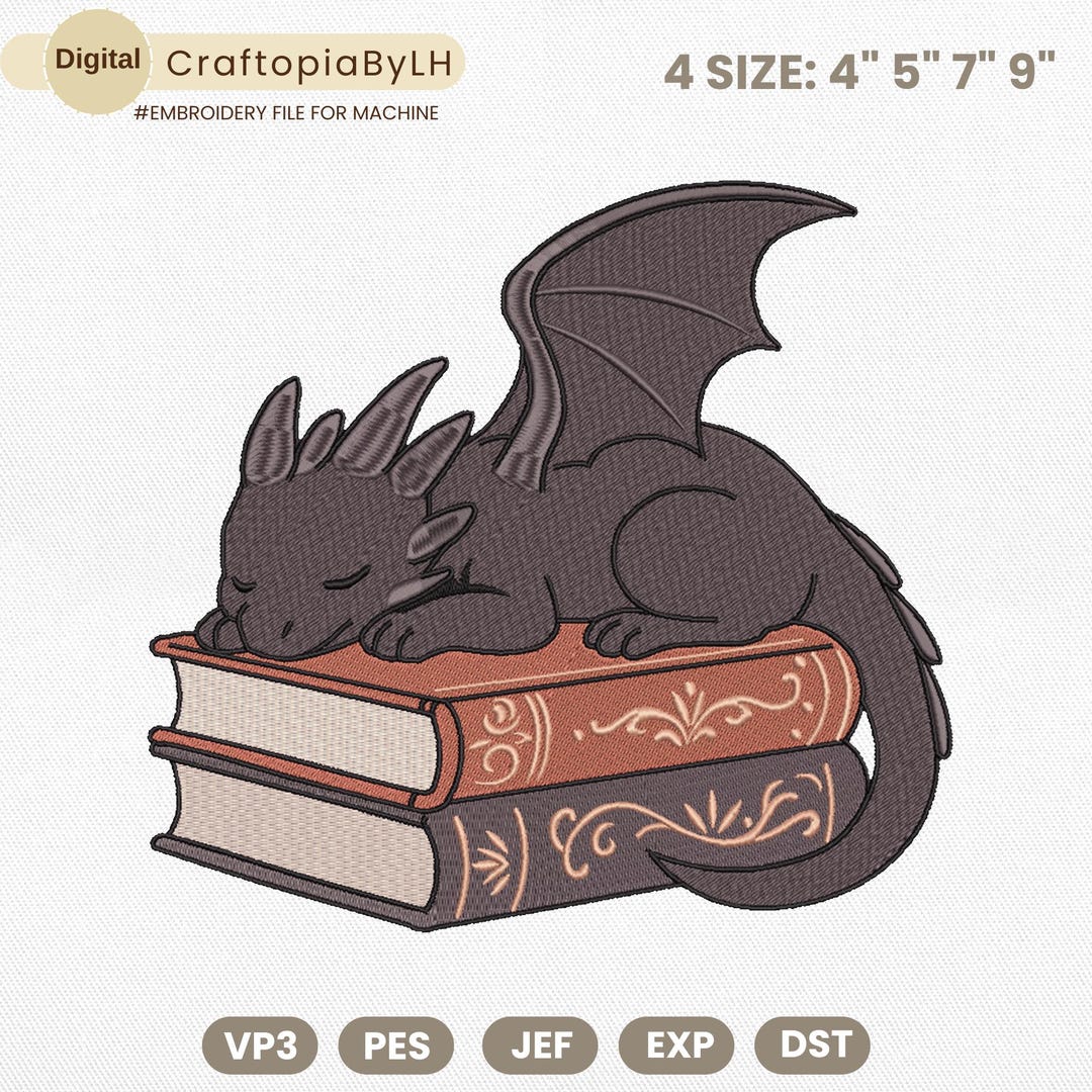 Book Dragon Embroidery Design, Floral Book Lover Embroidery Design ...
