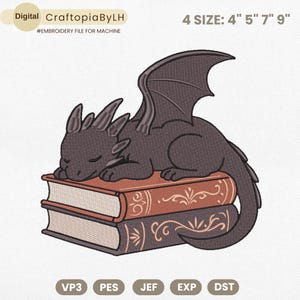 Book Dragon Embroidery Design, Floral Book Lover Embroidery Design ...