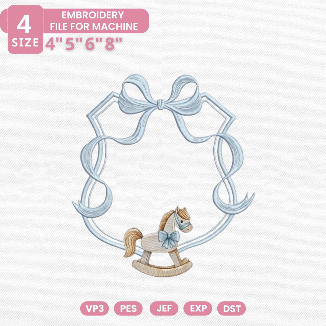 Blue Baby Frame Embroidery File, Wooden Horse With Coquette Bow Nursery ...