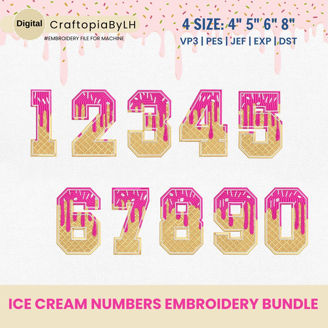 Ice Cream Drip Numbers Embroidery Bundle, Pink Varsity Number ...