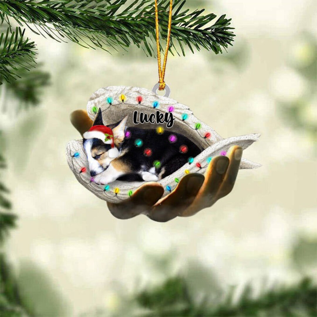 Custom Tricor Corgi Sleeping Angel in God Hand Christmas Ornament, Loss ...