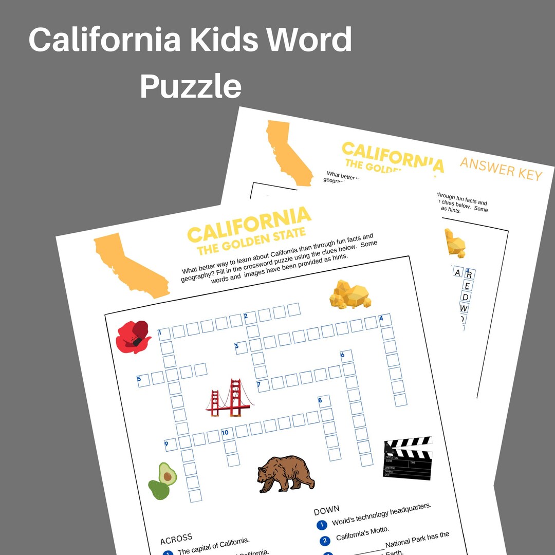 California Crossword Puzzle | Kids Crosswords | Printable Puzzles - Etsy