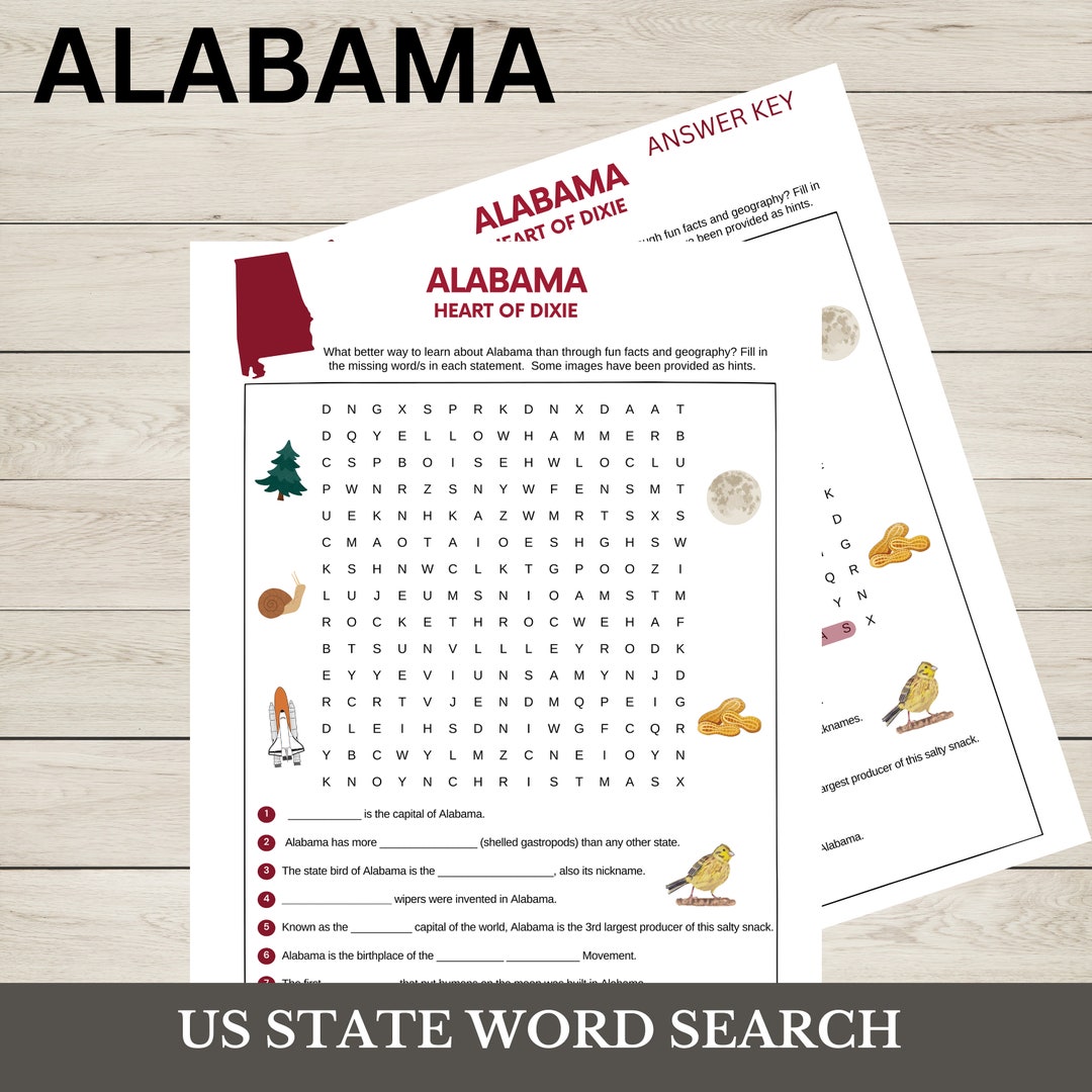 Alabama Sate Word Search | Kids Word Search | Printable Puzzles - Etsy