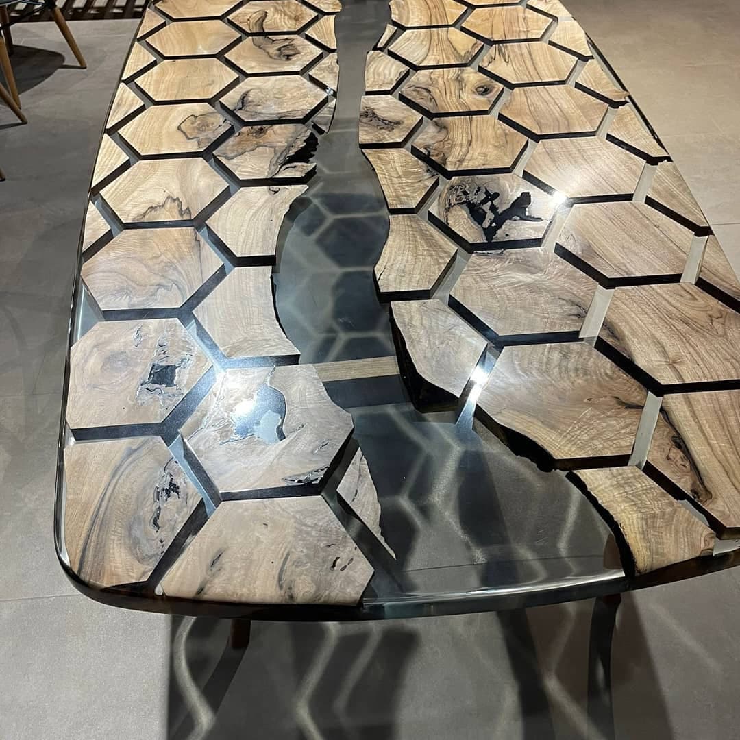 Transparent Honeycomb Hexagon Cut Epoxy Dining Table, Wooden Epoxy ...