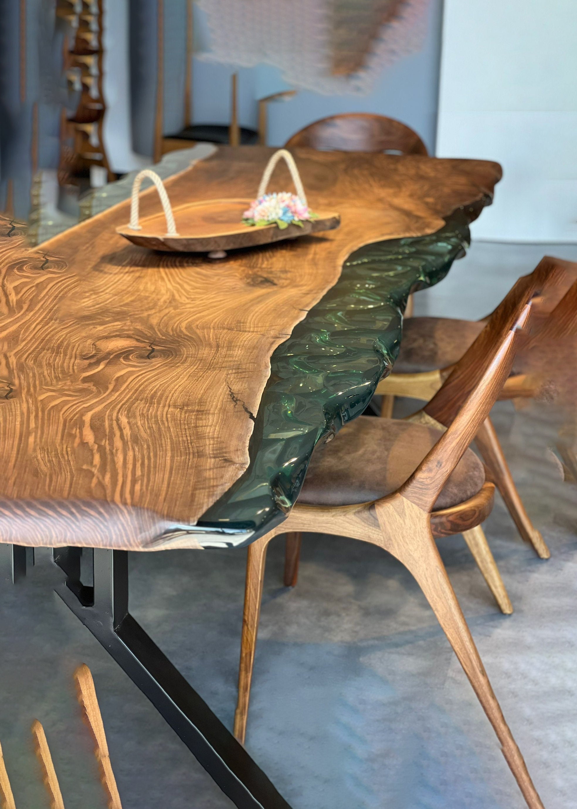 Custom Vivid Epoxy Edge Dining Table, Beam Refracted Epoxy and Natural ...