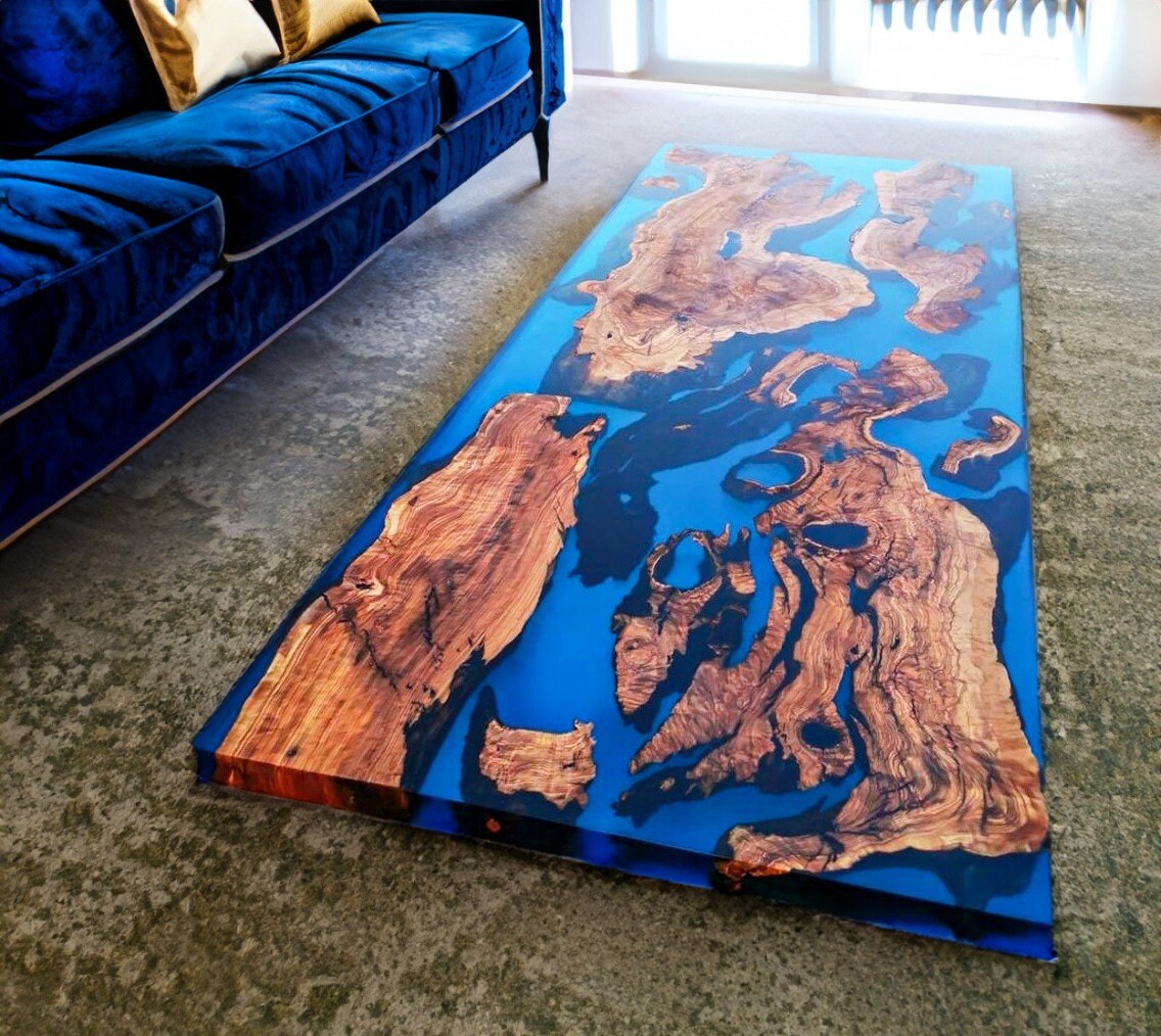 Living Room Resin Table Transparent Blue Epoxy Table Olive - Etsy