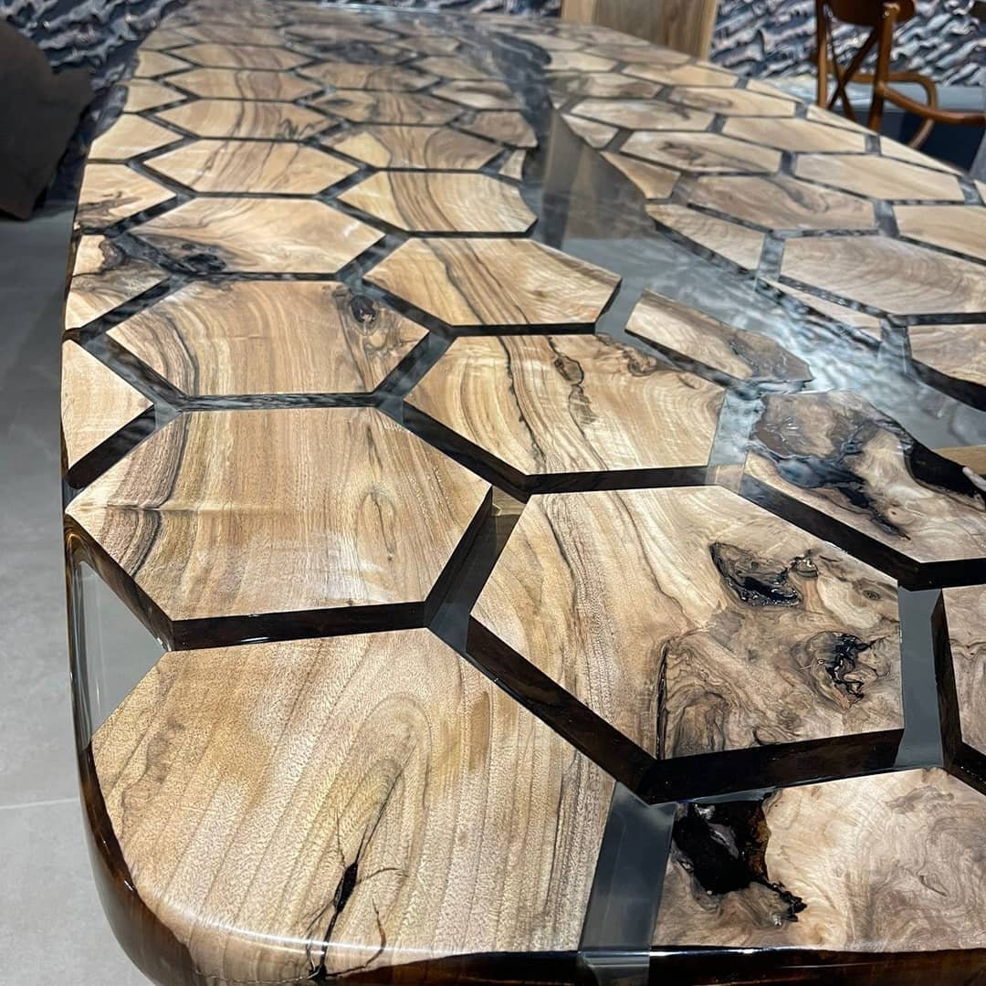 Transparent Honeycomb Hexagon Cut Epoxy Dining Table, Wooden Epoxy ...