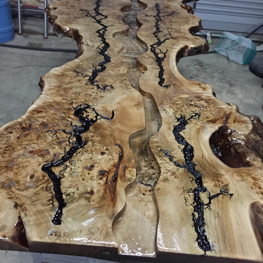 Night Glowing Epoxy Wood Dining Table, Live Edge Stone Dining Table ...
