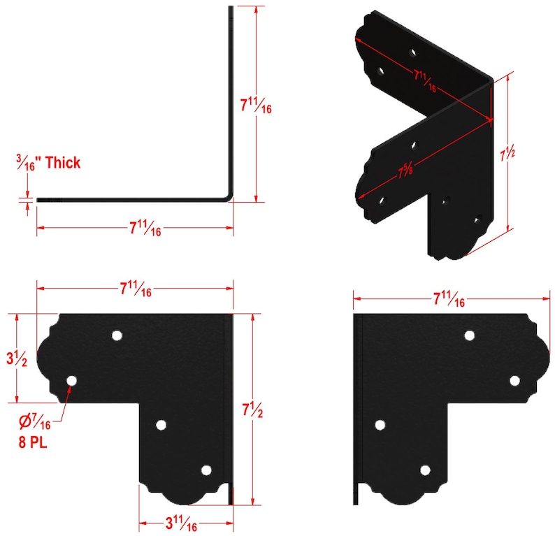 4X4 Structural 90 Degree Corner Connector Timber Frame Bracket - 3/16 ...