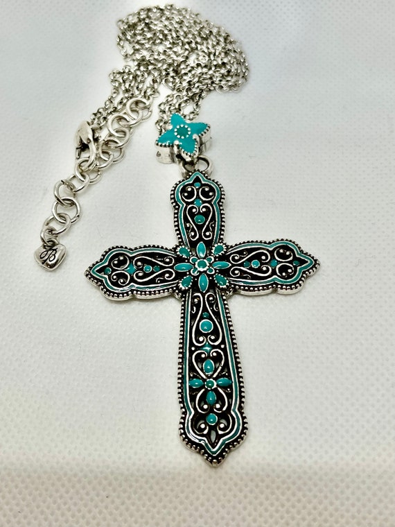 Vintage Brighton Turquoise and Silver Cross Necklace - Gem