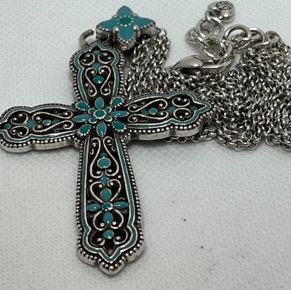 Vintage Brighton Turquoise and Silver Cross Necklace - Gem