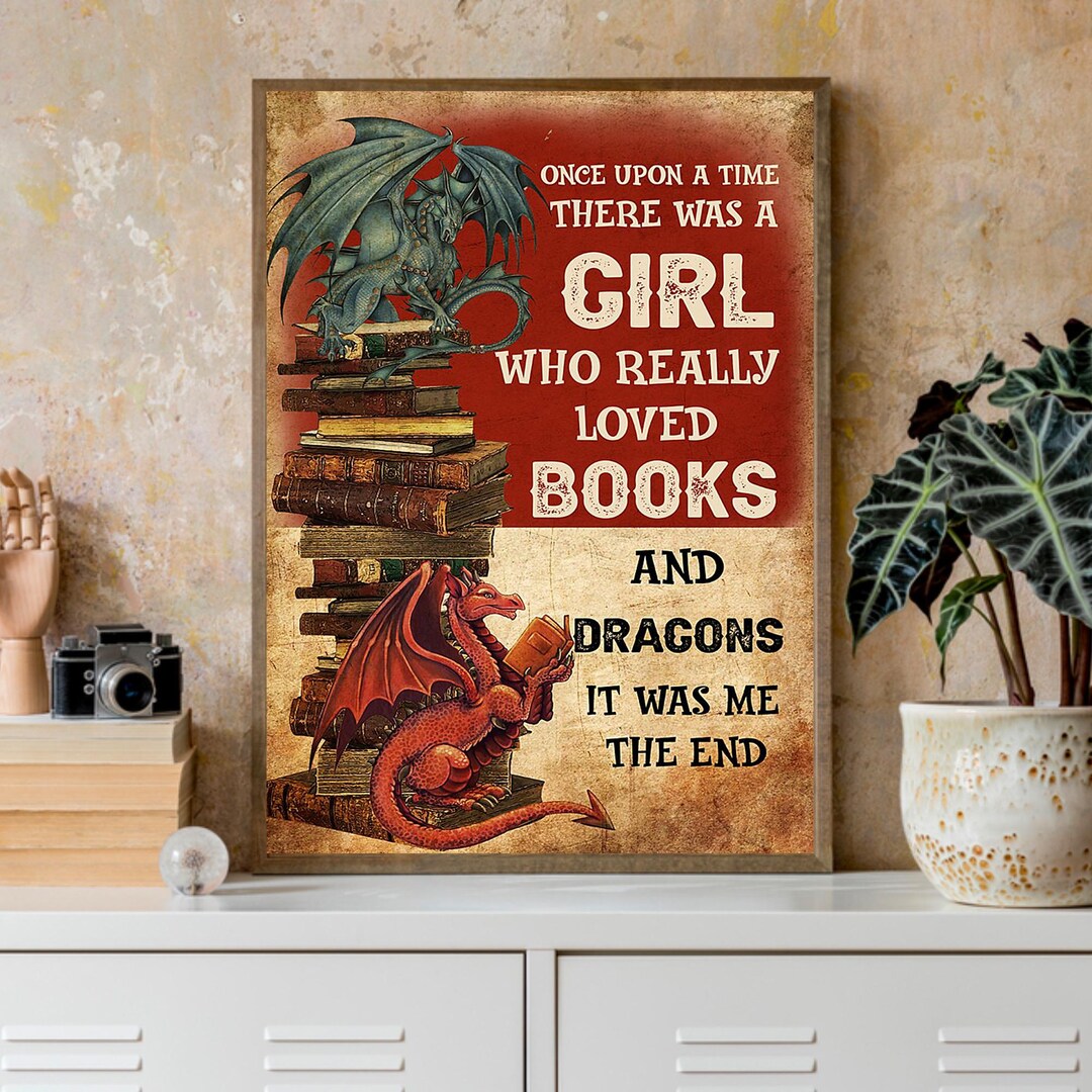 Vintage Library Poster, Dragon Book Art, Reading Poster, Book Lovers ...