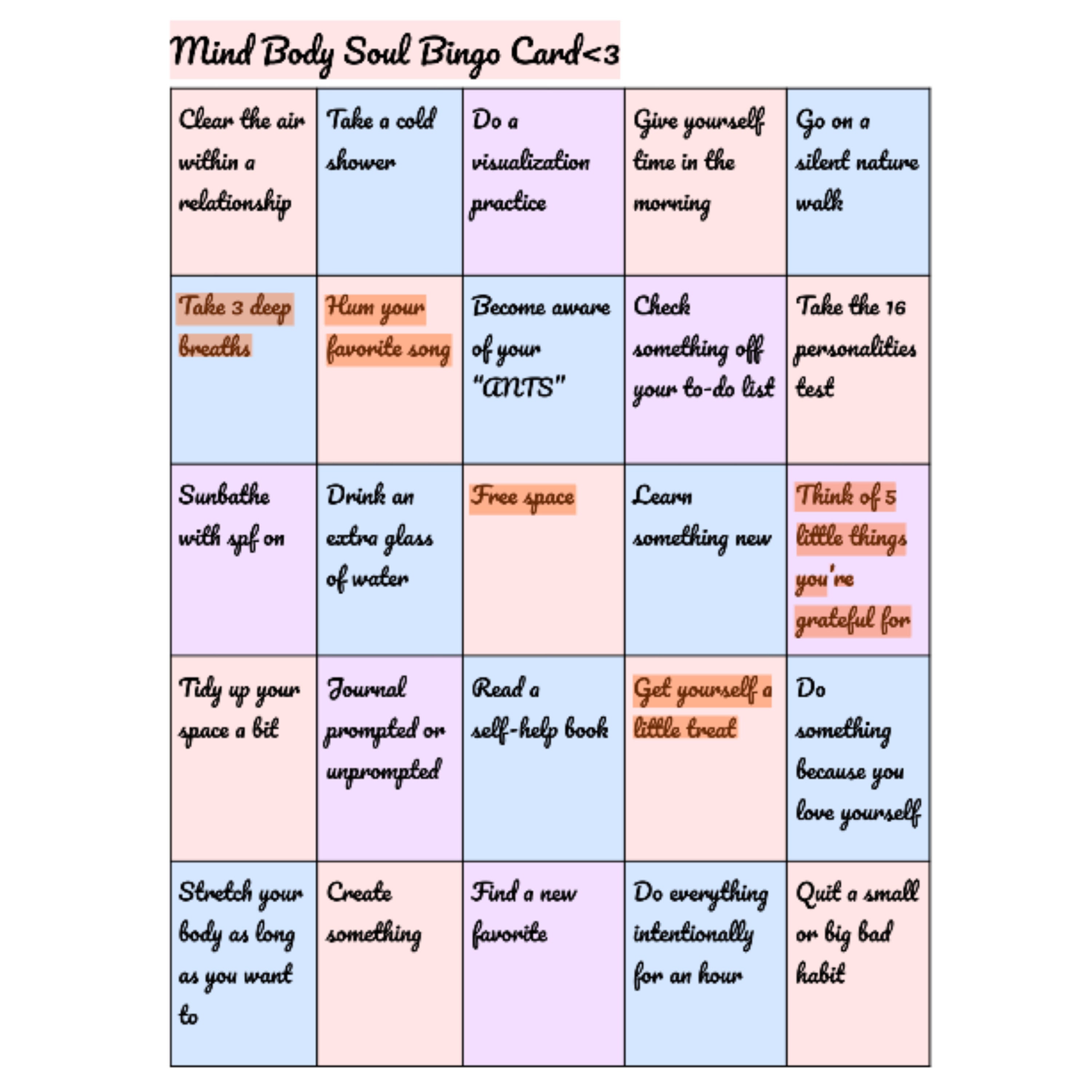 Mind Body Soul Bingo Card