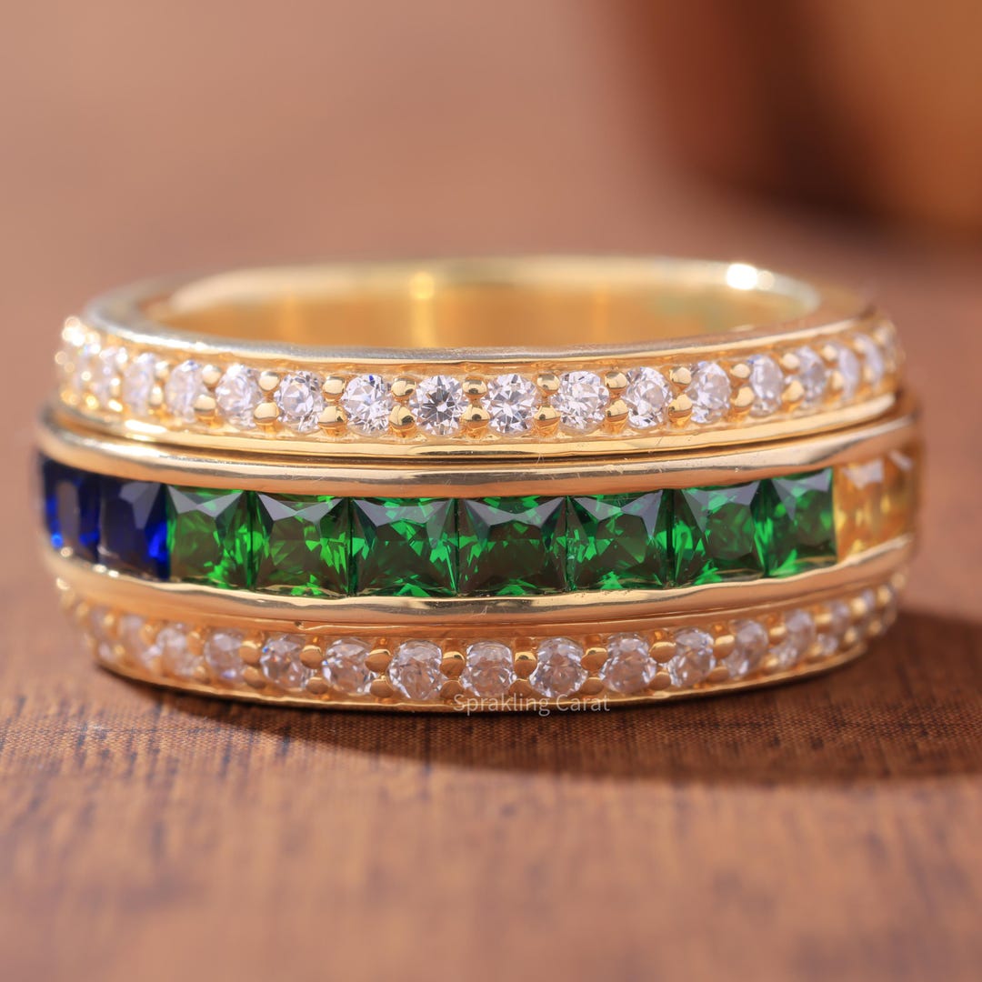 Princess Cut Rotating Multi Stone Engagement Band, Rainbow Gemstone ...