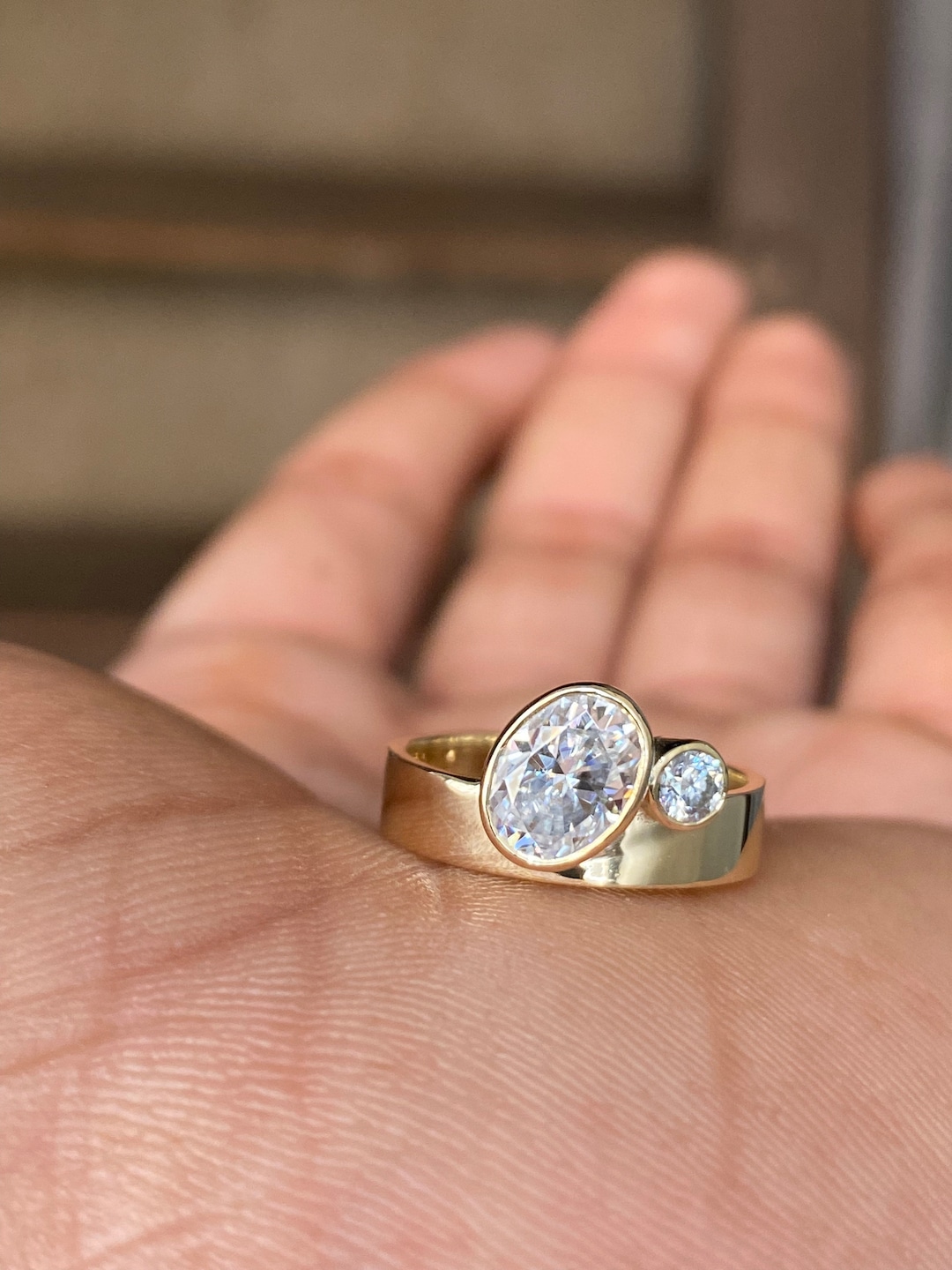 Wide Band Oval and Round Cut Engagement Ring for Women, Bezel Set ...