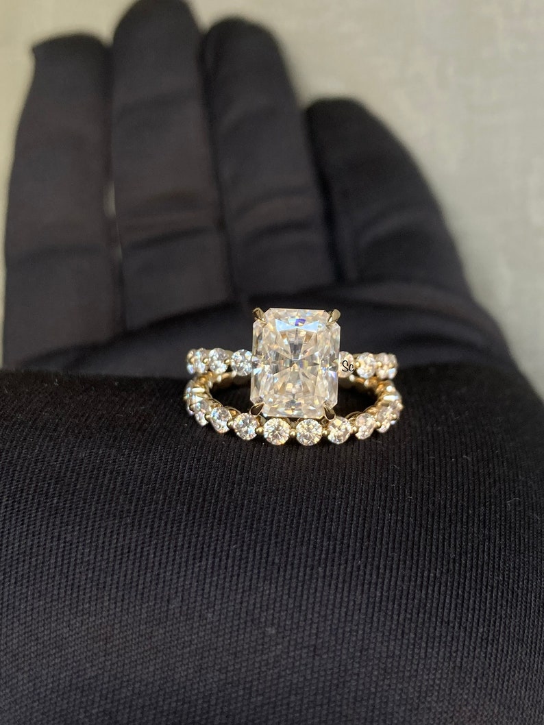 3CT Radiant Cut Moissanite Engagement Ring Set-14k Solid Gold Half ...