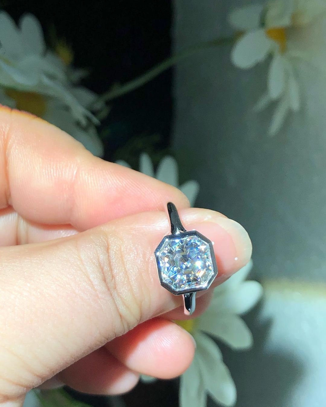 2CT Asscher Cut Moissanite Bezel Set Engagement Ring, Classic Solitaire ...