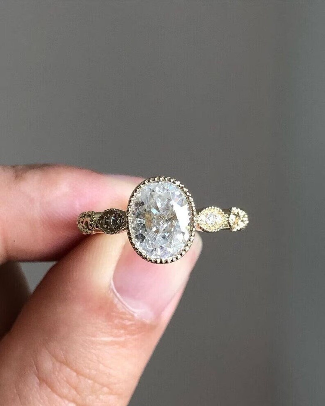 Bezel Set Oval Moissanite Engagement Ring, Unique Vintage Moissanite ...