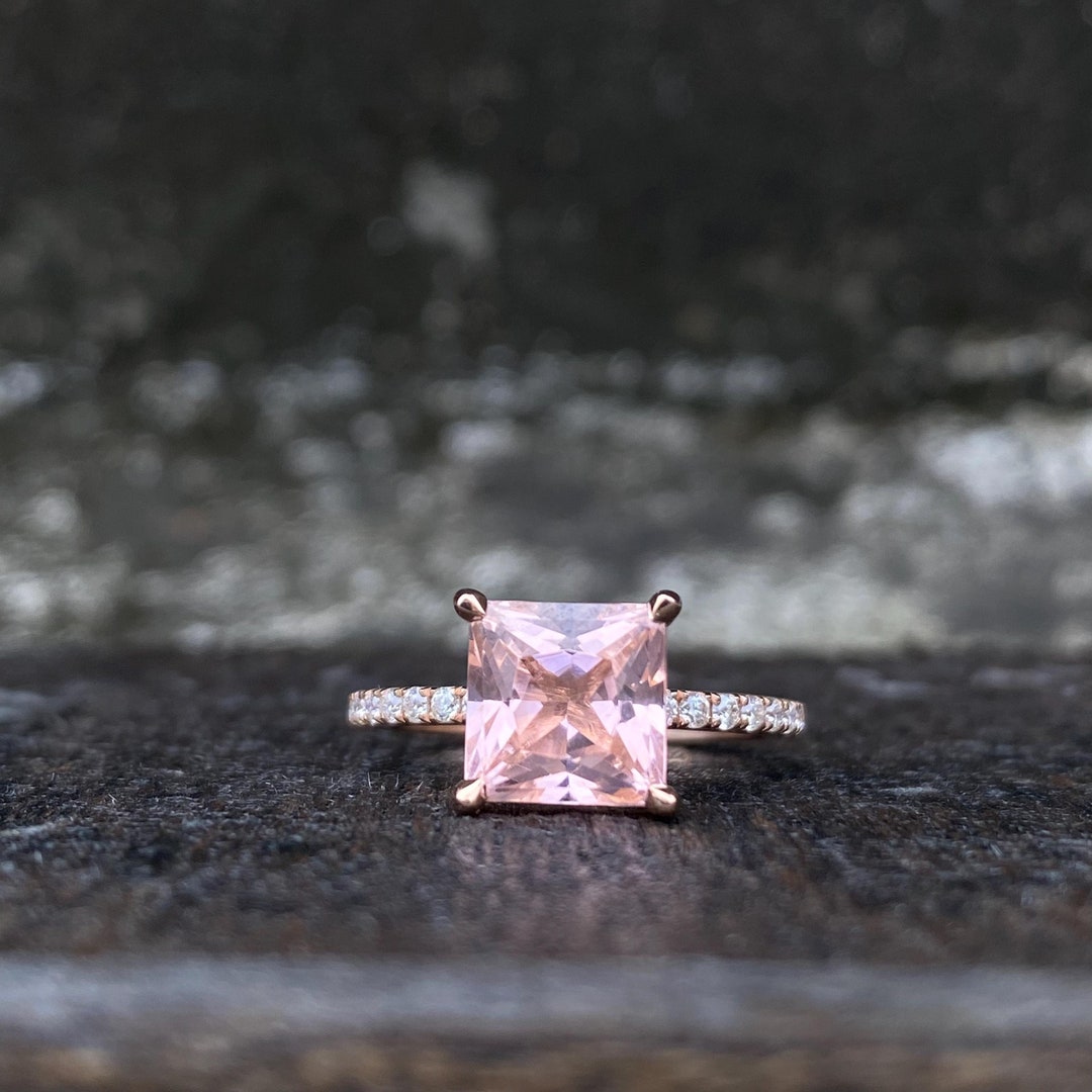 Princess Cut Morganite Engagement Ring-14k Solid Gold Solitaire Wedding ...