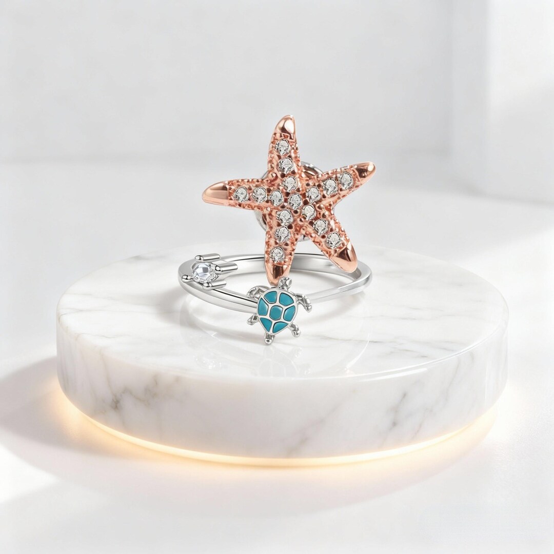 Starfish & Turtle Open Ring – Ocean Theme Adjustable Ring – Cute Beach ...