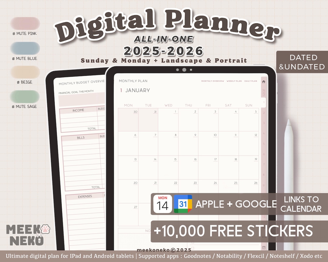 2025,2026 Digital Planner PORTRAIT, LANDSCAPE Digital Plan, Simple ...