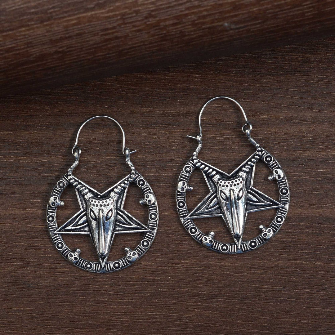 Baphomet Satanic Goat Head Silver Earrings Inverted Pentagram - Etsy
