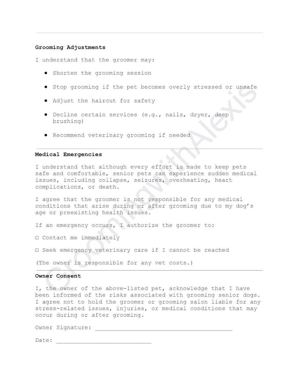 Senior Dog Grooming Consent Form | Digital PDF | Grooming Waiver for ...