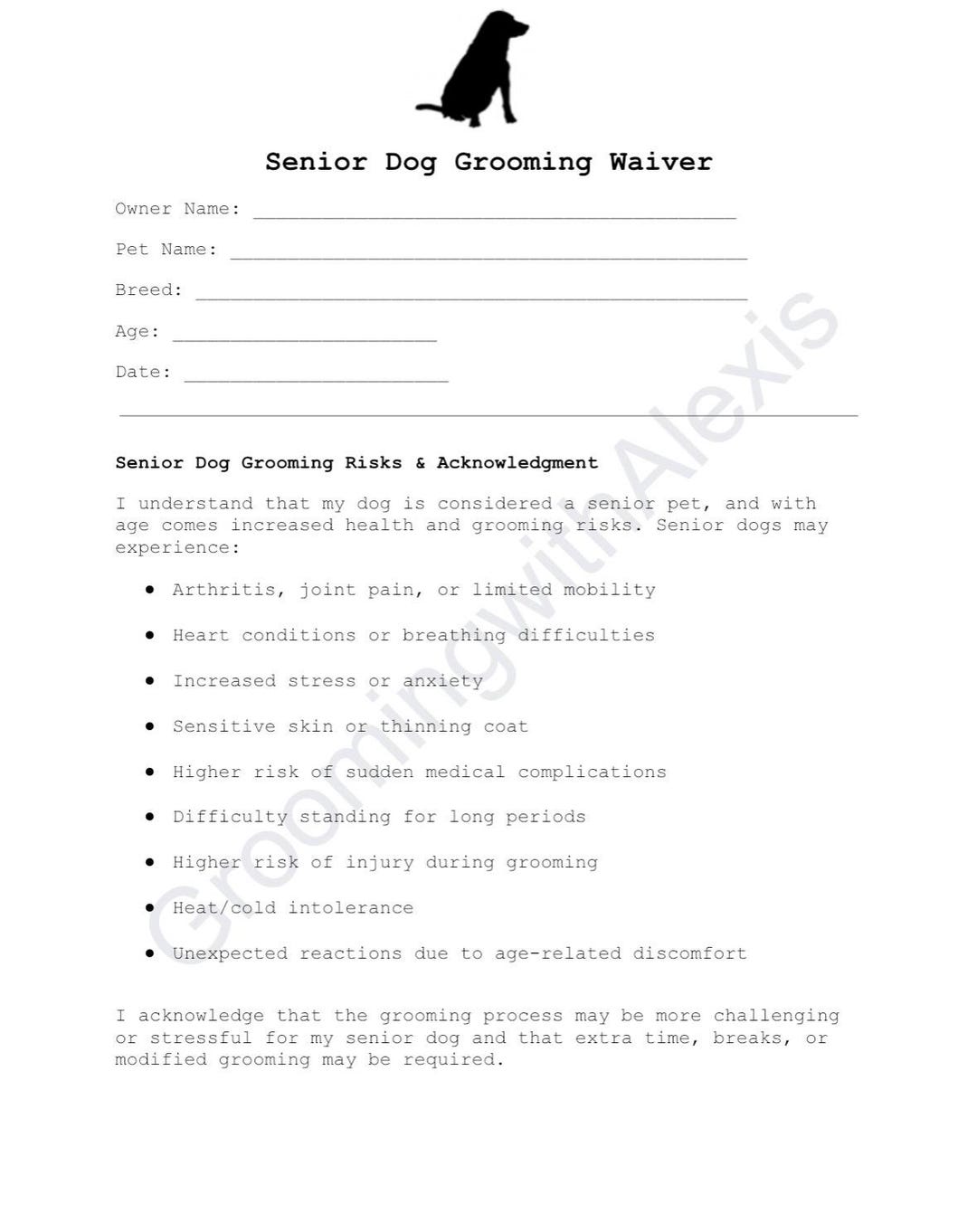 Senior Dog Grooming Consent Form | Digital PDF | Grooming Waiver for Older Dogs | Pet Groomer ...