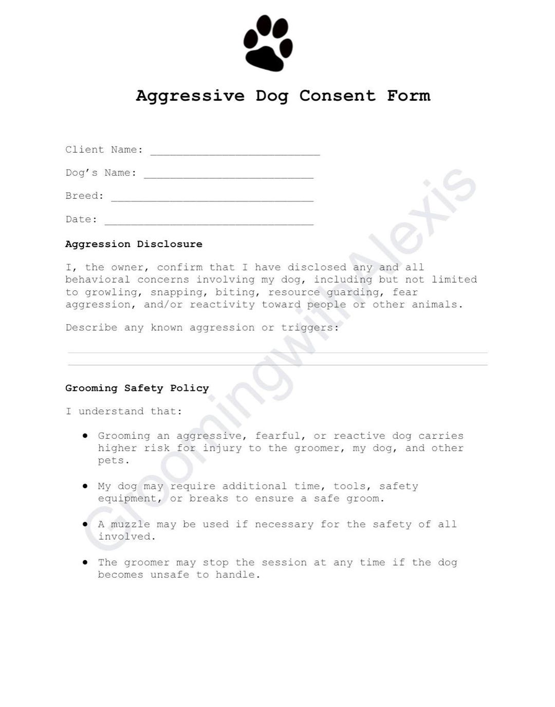 Aggressive Dog Grooming Consent Form – Printable Liability Waiver for ...