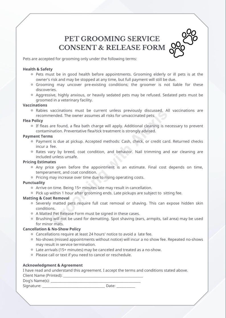Pet Grooming Consent Form: Client Agreement & Liability Waiver (PDF ...