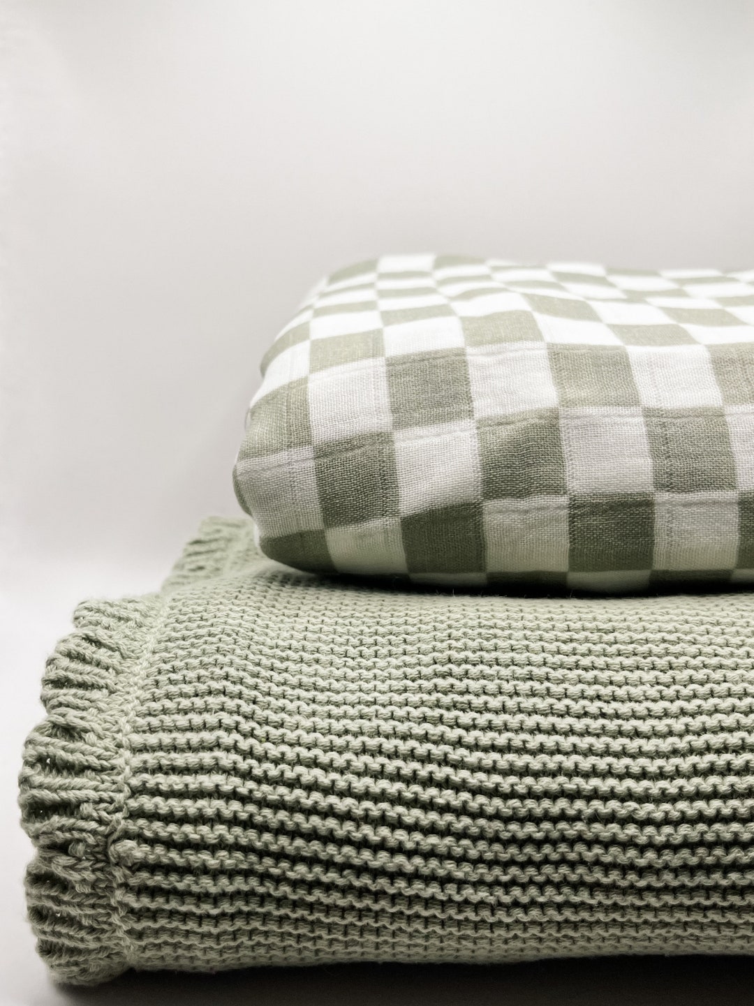 Green Checkered Muslin Baby Blanket and Green Knit Baby Blanket Bundle ...