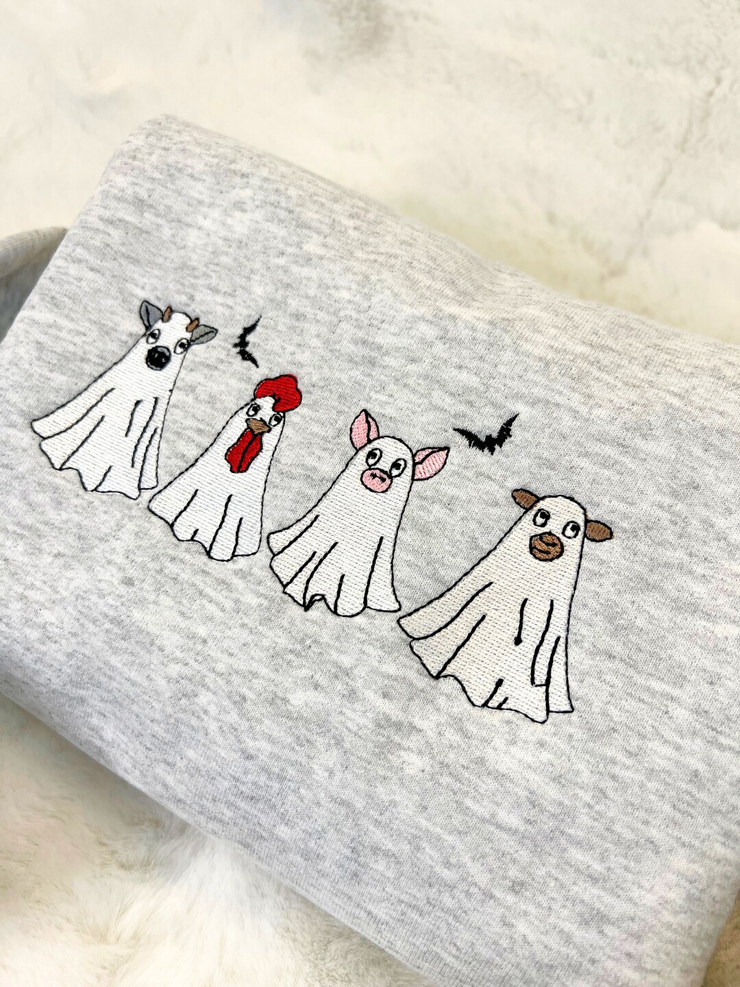 Halloween Farm Animal Ghost Embroidery Sweatshirt - Ash Gray - Etsy
