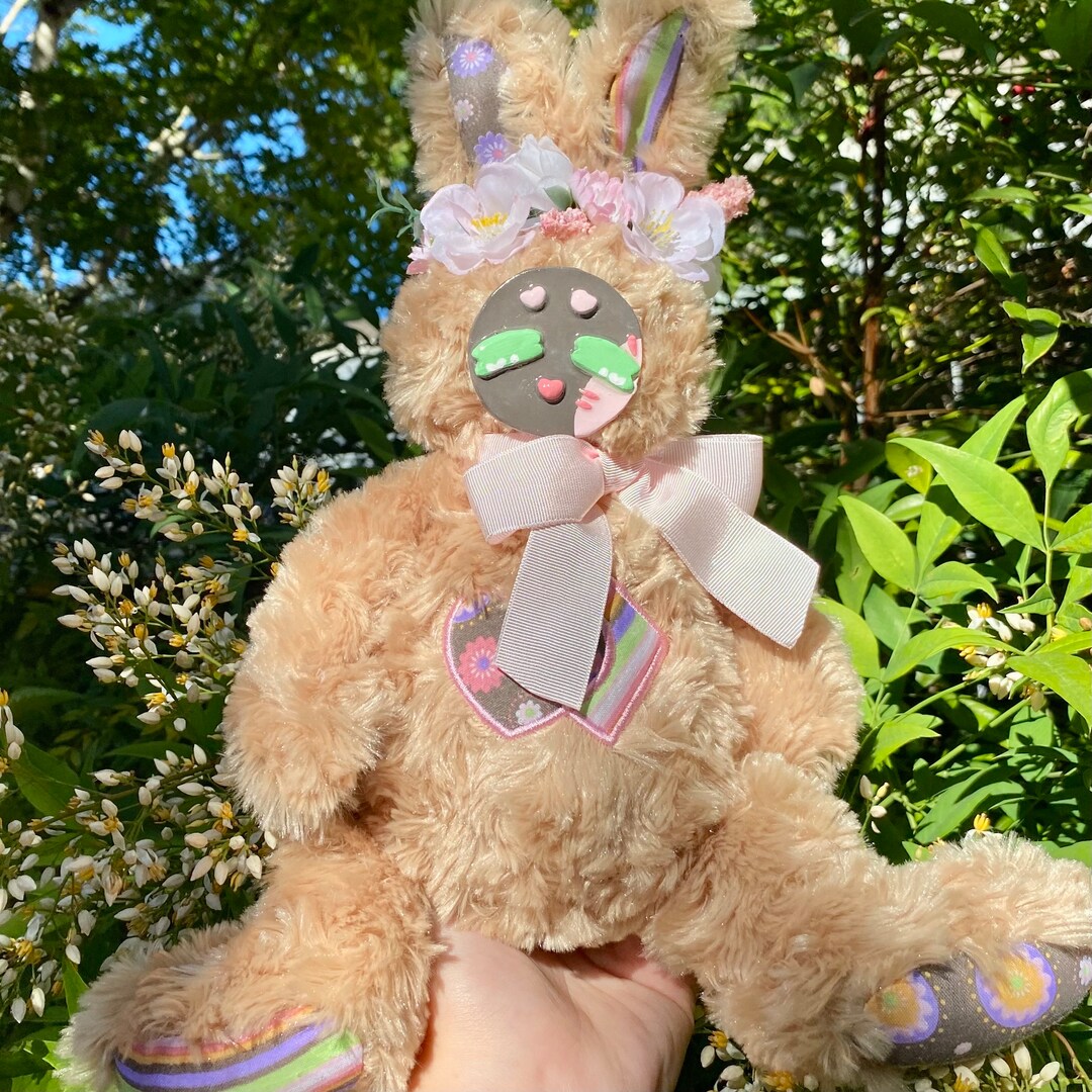 Sally the Patchwork Bunny Clay Faced Plush, Upcycled Plush, Cute, Plush ...